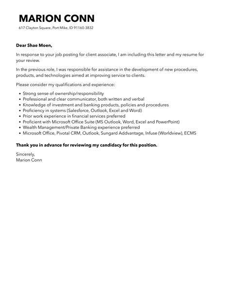 Client Associate Cover Letter Velvet Jobs