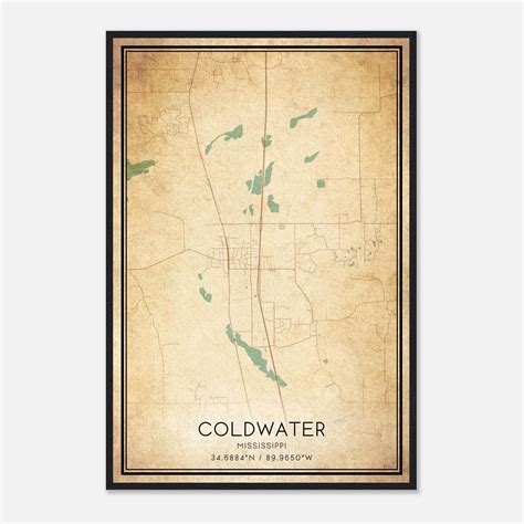 Vintage Coldwater Mississippi Map Poster Coldwater Ms City Road Wall