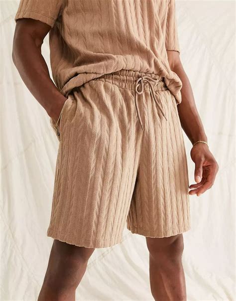 Asos Design Relaxed Short In Beige Textured Stripe Part Of A Set