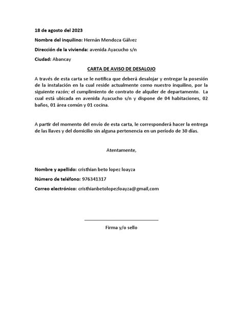 Carta De Cumplimiento De Contrato De Alquiler De Departamento Pdf