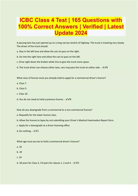 Icbc Class 4 Test 165 Questions With 100 Correct Answers Verified