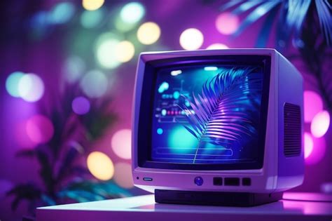premium ai image retro vintage computer monitor with tropical paradise