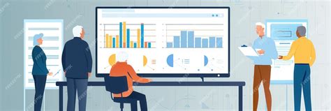 A Group Of Elderly People Collaborates Around A Large Screen Displaying Data Charts And Graphs