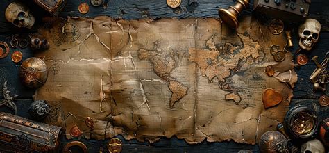 An Aged World Map Surrounded By Treasure And Artifacts Evoking