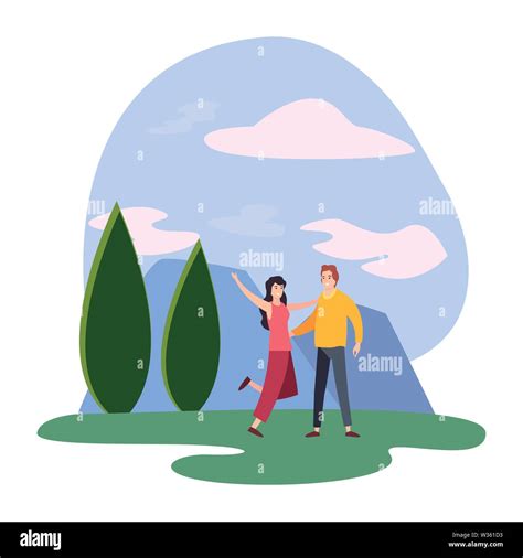 Couple Happy Young People Characters Outdoors Vector Illustration Stock