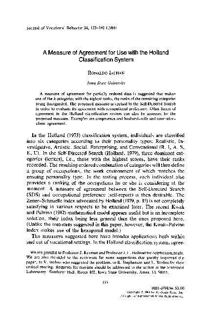 Pdf A Measure Of Agreement For Use With The Holland Classification System