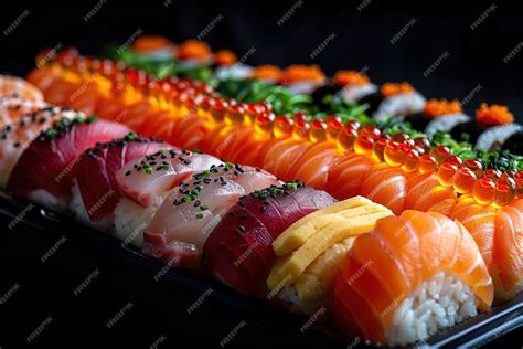 Prato De Sushi De Frutos Do Mar Com Detalhes E Fundo Preto Simples