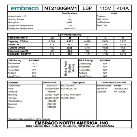 Nt2180gkv1 Embraco Refrigeration Compressor 1 Hp R 404a — Nwf Supply