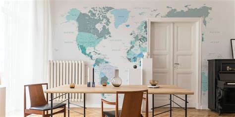 World Map Teal Wallpaper Buy Online Happywall