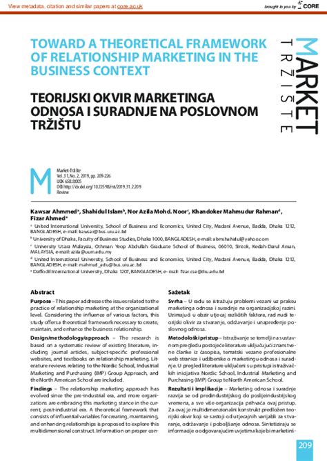 Pdf Toward A Theoretical Framework Of Relationship Marketing In The