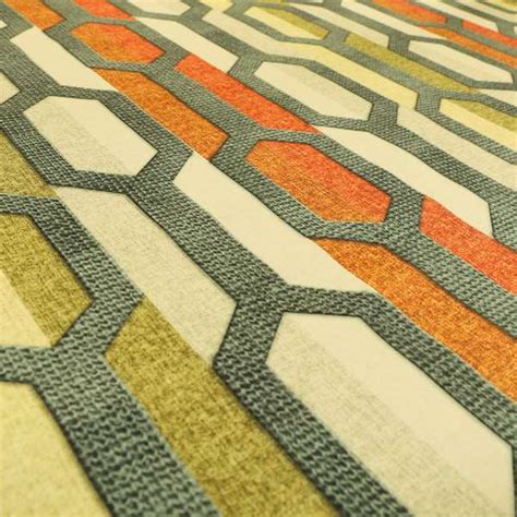 Freedom Printed Velvet Fabric Grey Orange Green Colour Geometric Stripe