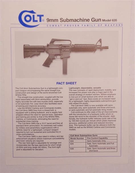 Colt 9mm Submachine Gun Model 635 Fact Sheet Specifications Features