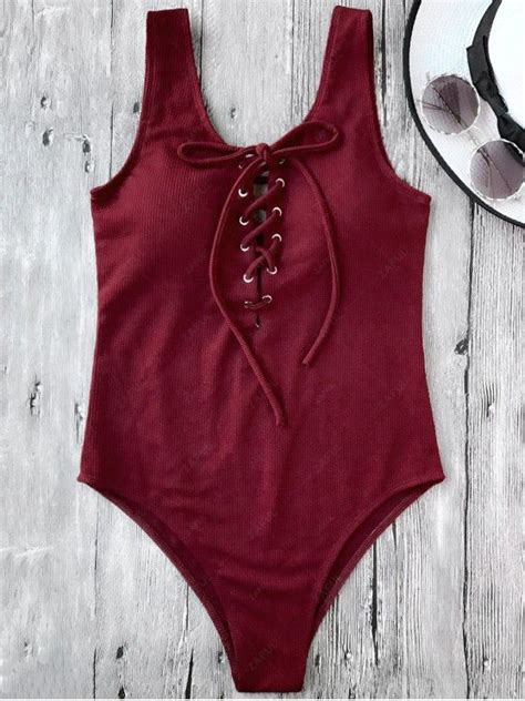 [26 Off] 2021 Textured Padded Lace Up One Piece Swimsuit In Burgundy