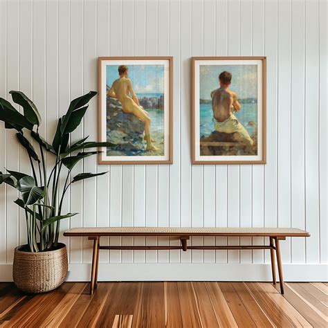 The Lighthouse The Bather Vintage Male Nude Beach Art Set Pair