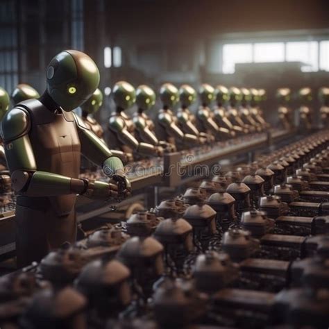 A Group Of Robots Standing Next To Each Other In A Factory Generative