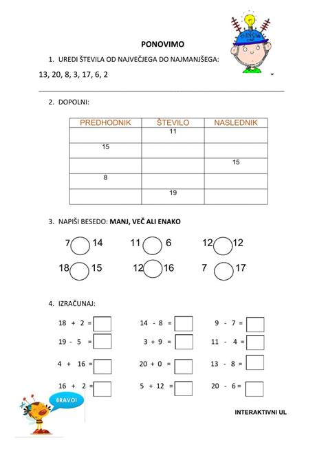 Ponovimo števila Do 20 Upodgorsek Live Worksheets