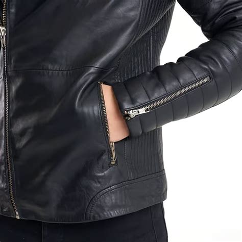 Black Motorcycle Leather Jacket Ribbed Sleeves