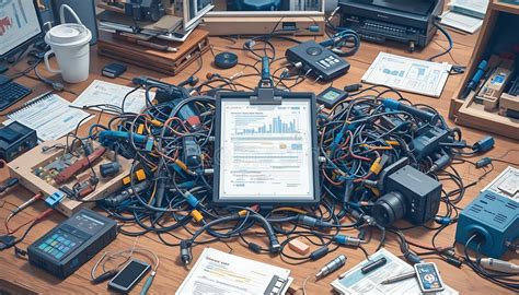 Tangled Electronics And Data Analysis On A Cluttered Tech Workbench Stock