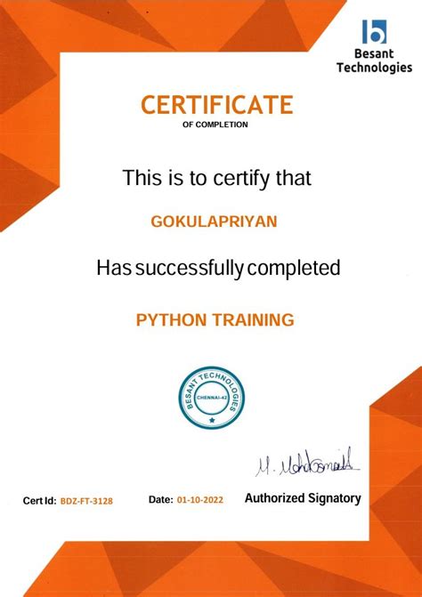 Completed Python Certification From Besant Technologies Gokulapriyan
