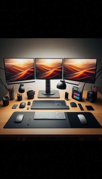 Hightech Home Office Setup With Multiple Monitors Premium Ai