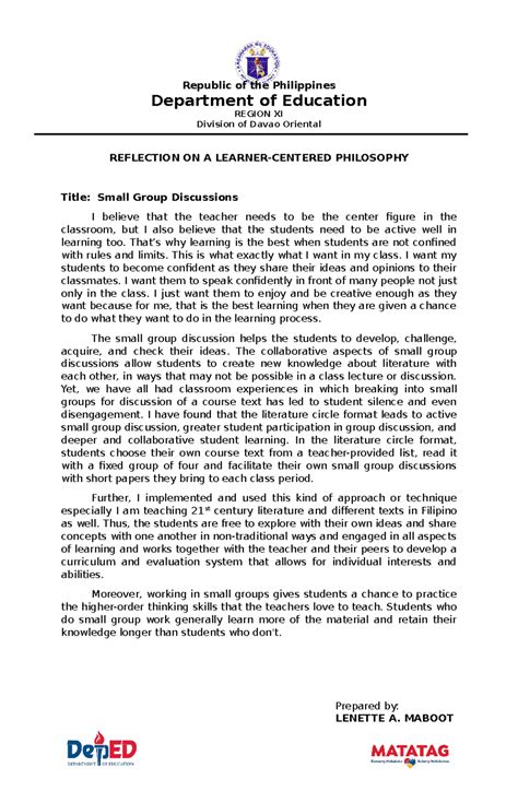 Learner Centered Philosophy Republic Of The Philippines Department