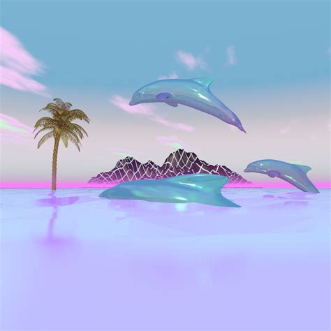 Sea Punk Art Surreal Dolphins Jumping In The Air Vaporwave Ocean Art