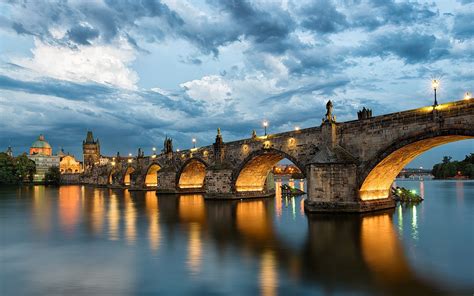 Wallpaper Prague Charles Bridge Czech Republic River Vltava Evening
