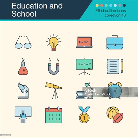 교육 및 학교 아이콘입니다 채워진된 개요 디자인 컬렉션 48입니다 프레 젠 테이 션 그래픽 디자인 모바일 응용 프로그램 웹 디자인 인포 그래픽에 대 한 가방에 대한 스톡
