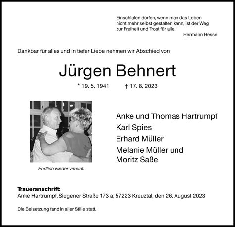 Traueranzeigen Von Jürgen Behnert 57trauer De
