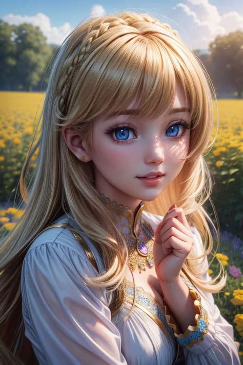 A Girl With Long Blonde Hair And Blue Eyes Standing In A Field Of