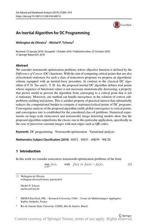 An Inertial Algorithm For Dc Programming Request Pdf