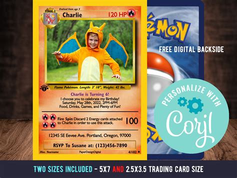 Custom Pokemon Card Themed Birthday Invitation With Picture Etsy