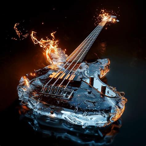A Bass Guitar Made Of Ice Burning On Fire Floating In Midair Angle View