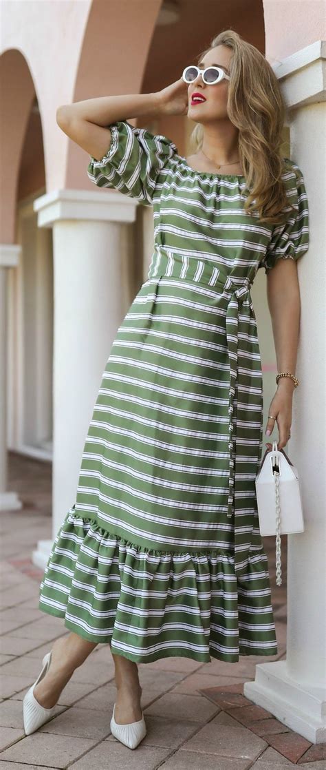Click For Outfit Details Green And White Satin Striped Maxi Dress