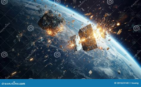 Two Satellites Clashing In Orbit And Creating Space Debris Generative