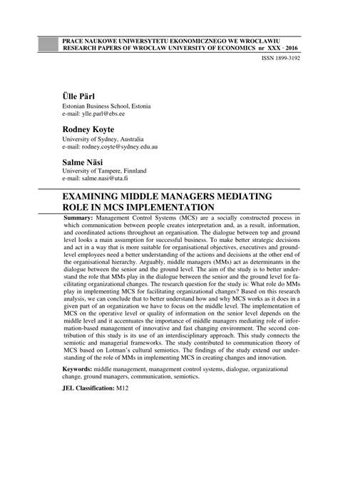 Pdf Examining Middle Managers Mediating Role In Mcs Implementation