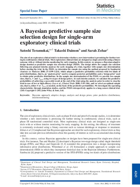 Pdf Special Issue Paper A Bayesian Predictive Sample Size Selection Design For Single Arm