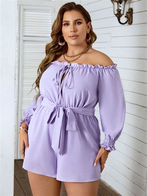 Plus Off The Shoulder Frill Trim Belted Solid Romper Bright Outfits