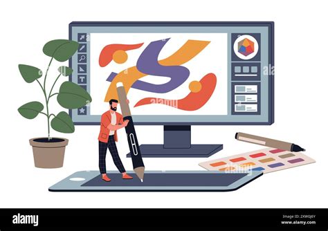 Tiny Man Holds Big Pen Graphic Designer Draws With Stylus On Tablet Modern Professional