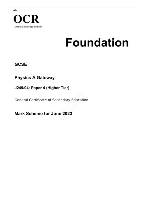 Ocr Gcse 9 1 Physics A Gateway Science J249 04 Paper 4 Higher Tier June 2023 Question Paper