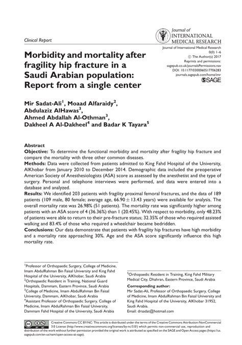 Pdf Morbidity And Mortality After Fragility Hip Fracture In A Saudi