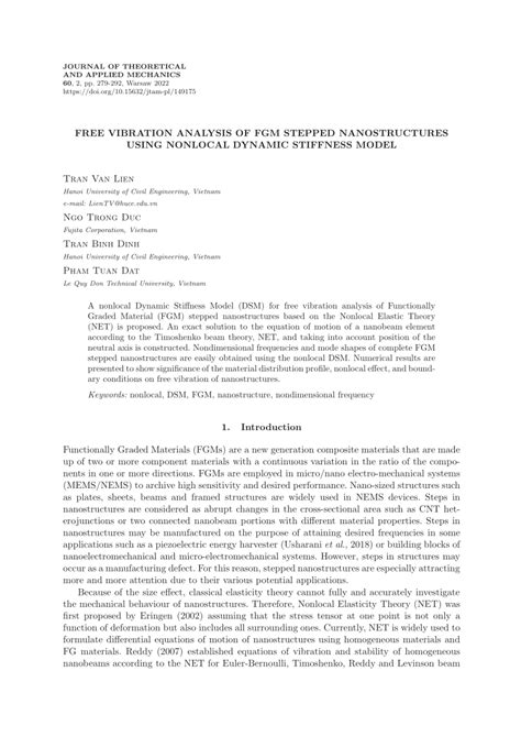 Pdf Free Vibration Analysis Of Fgm Stepped Nanostructures Using Nonlocal Dynamic Stiffness Model