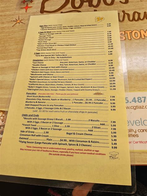 Menu At Bobos Restaurant Tucson