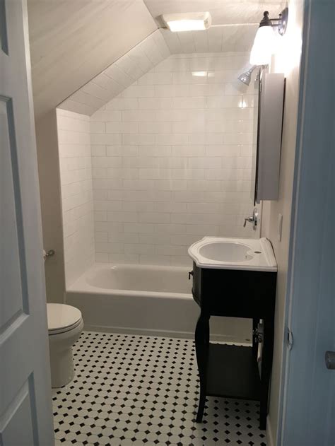 Black And White Bathroom With Shower Ceiling In Tiny Historic House