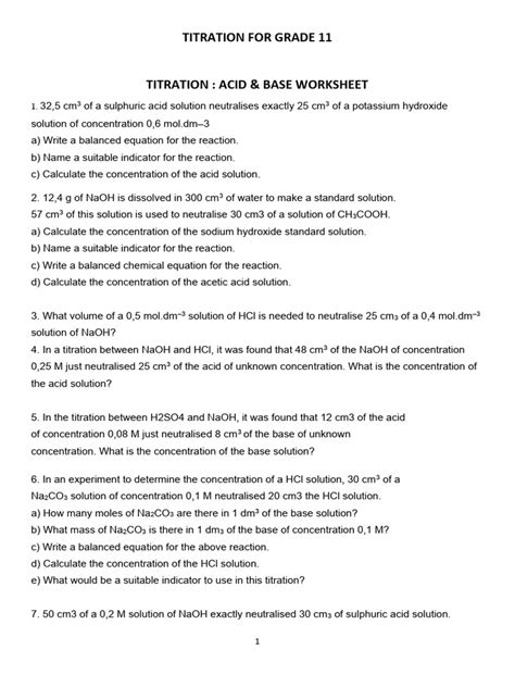 Grade 11 Titration Practice Problems Pdf Acid Titration