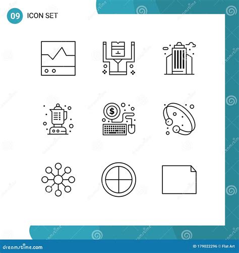 Set Of 9 Vector Outlines On Grid For Laptop Kitchen Security Food Office Stock Vector