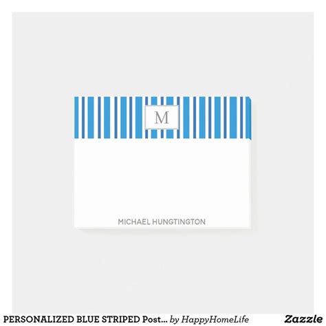 Personalized Blue Striped Post It Notes With Monogrammed M On The Front