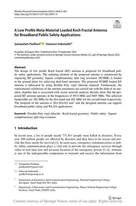 A Low Profile Meta Material Loaded Koch Fractal Antenna For Broadband Public Safety Applications