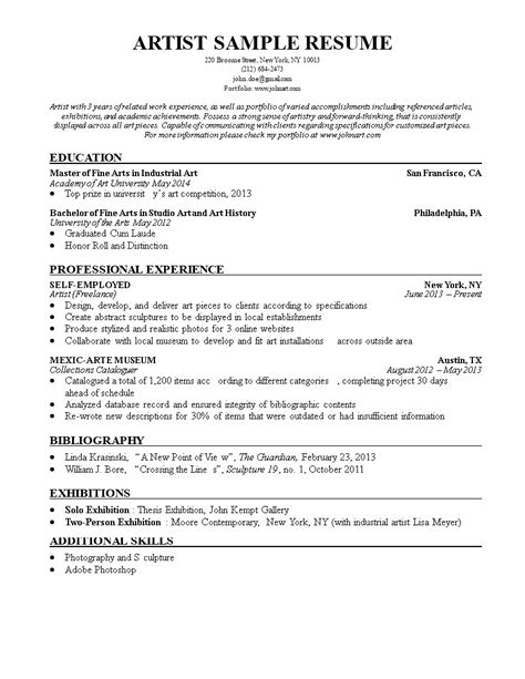 Artist Resume Sample Templates At