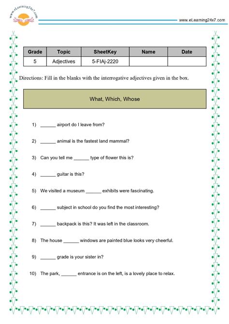 Interrogative Adjectives Worksheet For Grade 5 Adjective Worksheet Adjectives English Adjectives